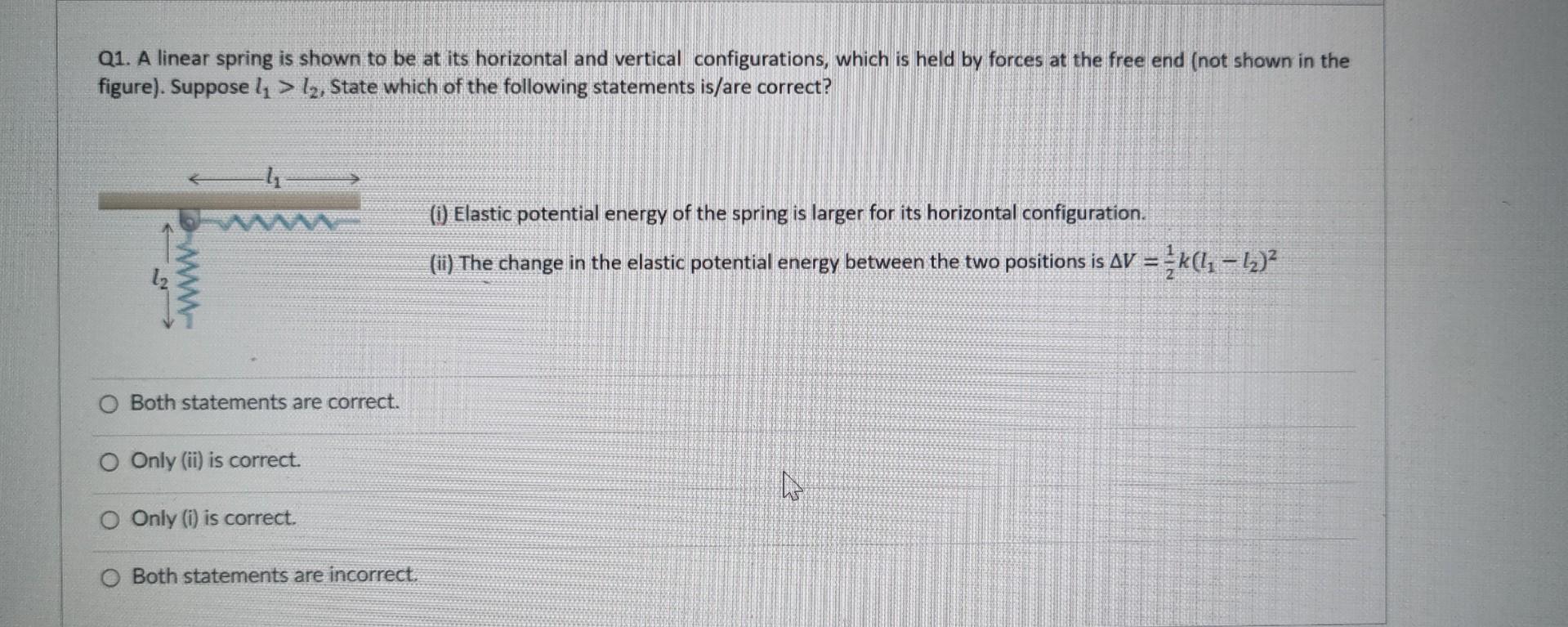 Solved Q1. A linear spring is shown to be at its horizontal | Chegg.com