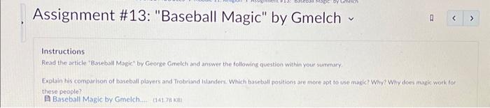 Assignment \#13: "Baseball Magic" by Gmelch | Chegg.com