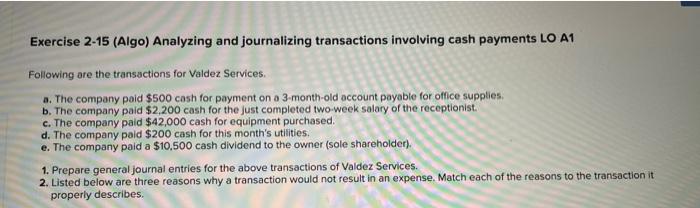 Solved Exercise 2-15 (Algo) Analyzing and journalizing | Chegg.com