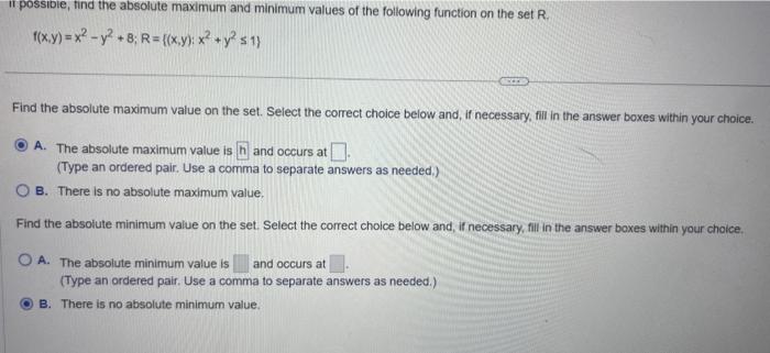 Solved f(x,y)=x2−y2+8;R={(x,y):x2+y2≤1} Find the absolute | Chegg.com