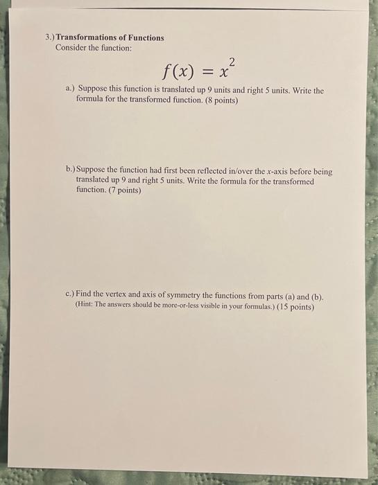 Solved 3.) Transformations of Functions Consider the | Chegg.com