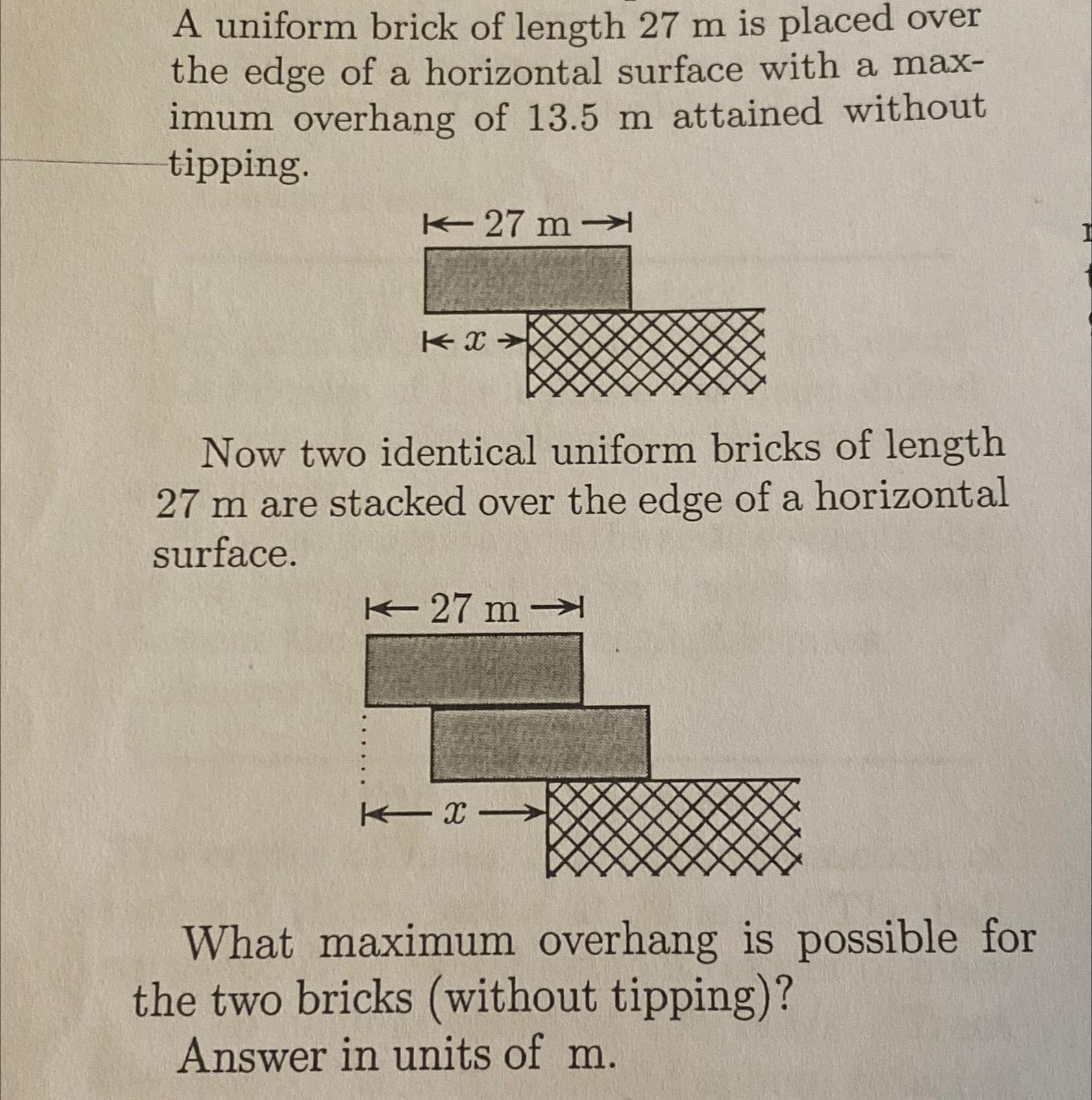 A uniform brick of length 27m is placed over the edge | Chegg.com