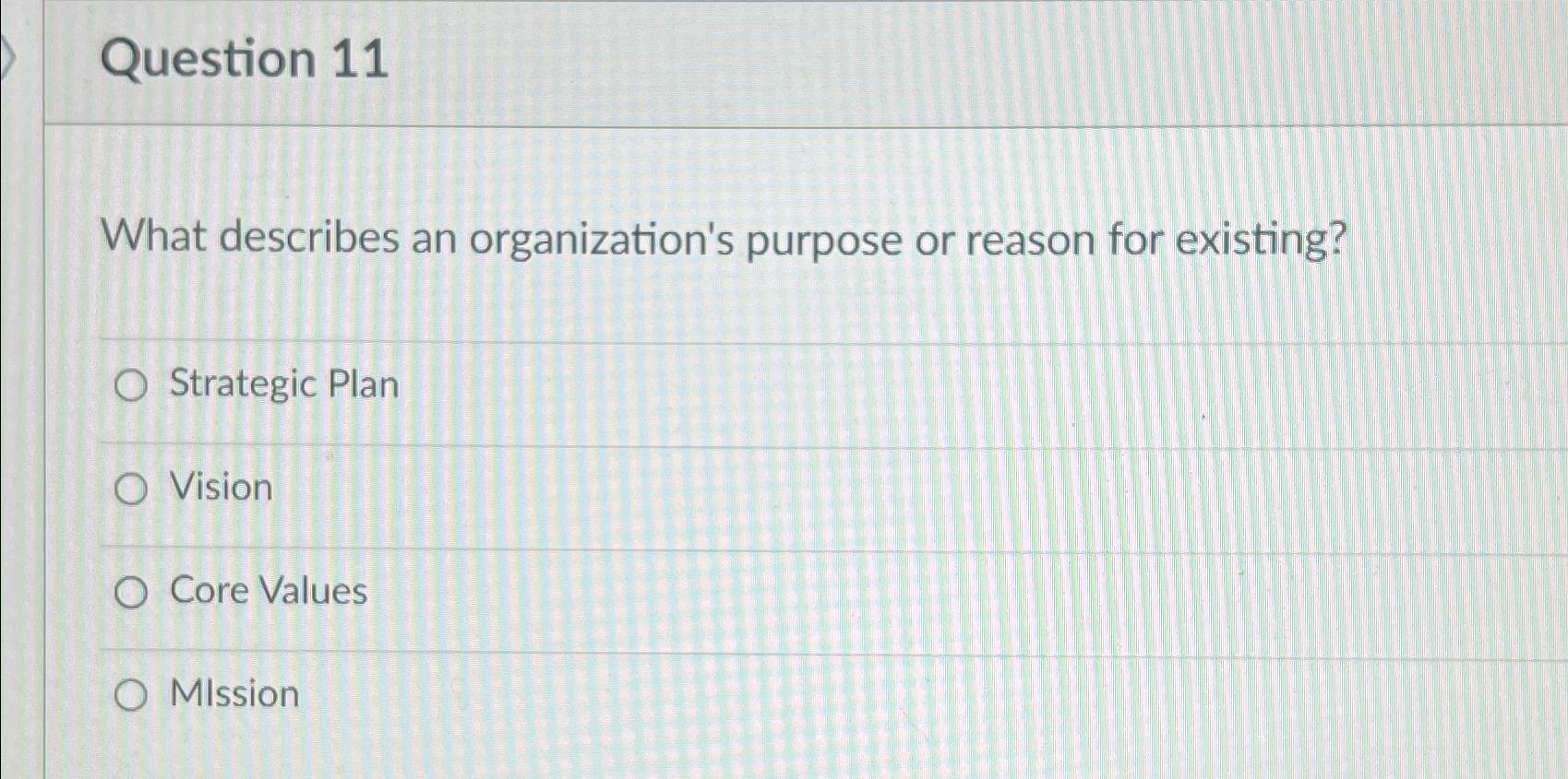 Solved Question 11What describes an organization's purpose | Chegg.com