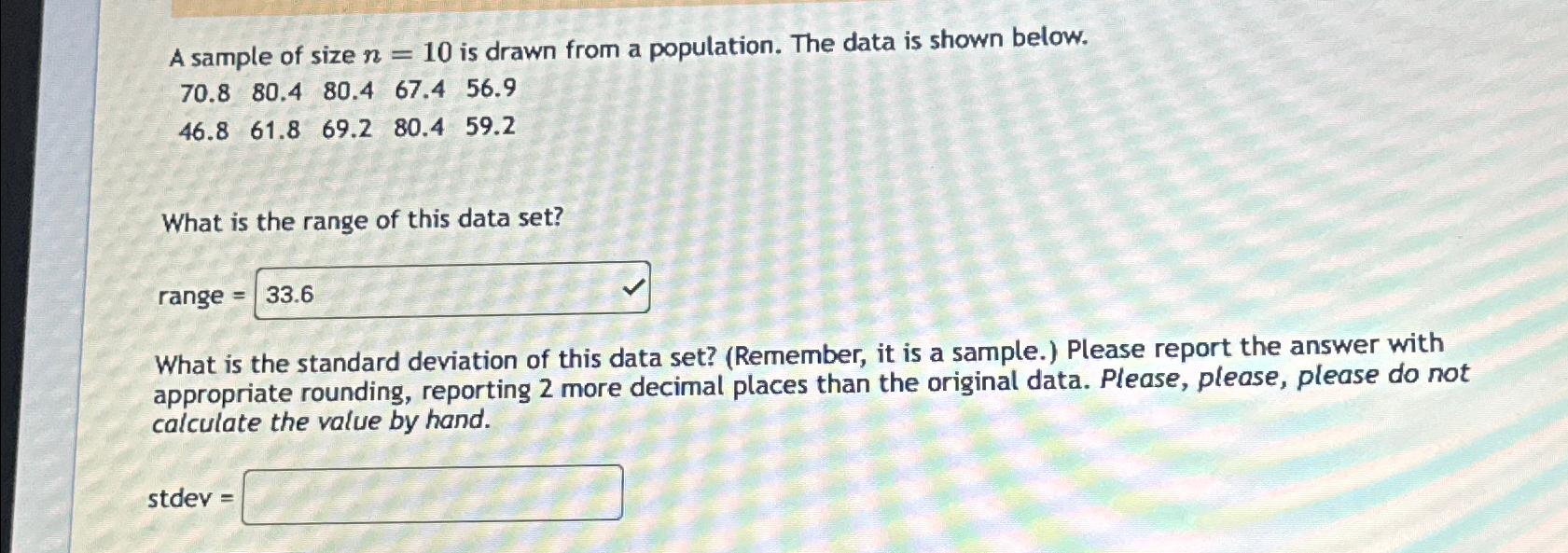 Solved A sample of size n=10 ﻿is drawn from a population. | Chegg.com