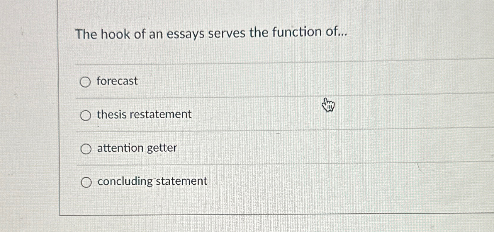 Solved The hook of an essays serves the function | Chegg.com