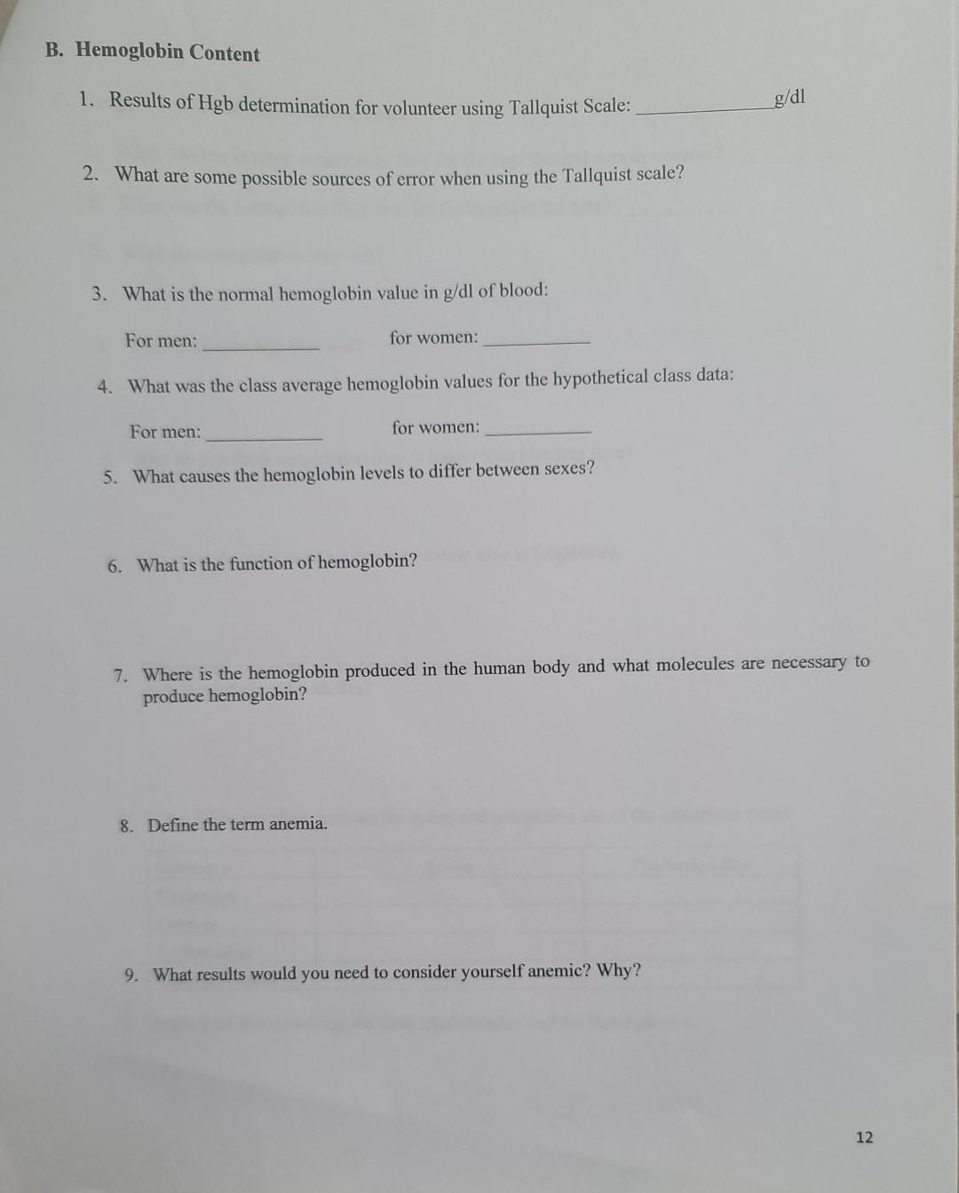 B. Hemoglobin Content 1. Results of Hgb determination | Chegg.com