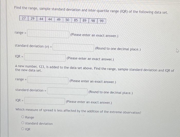 Solved Find the range, sample standard deviation and | Chegg.com