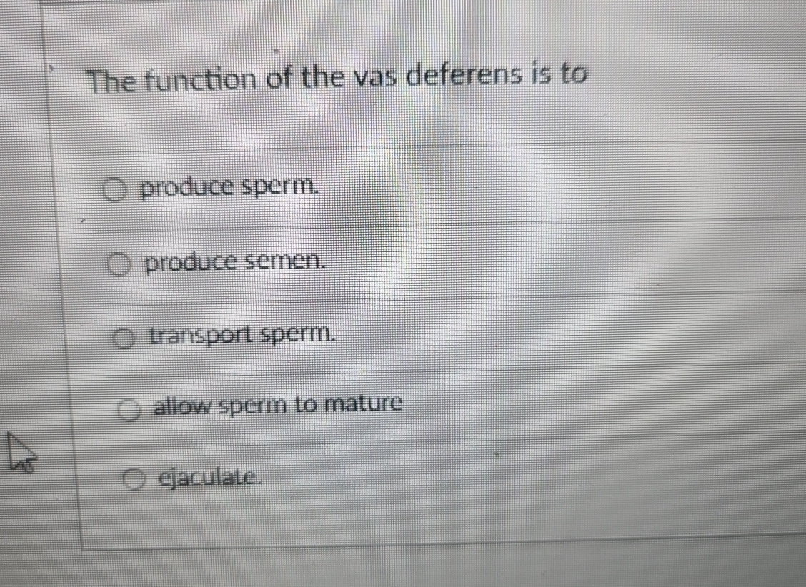 Solved The function of the vas deferens is toproduce | Chegg.com