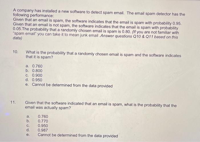Solved A company has installed a new software to detect spam | Chegg.com