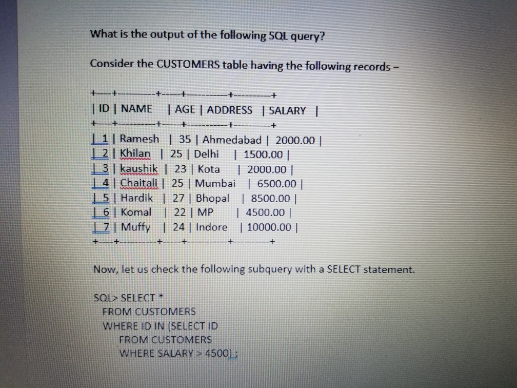 Solved What is the output of the following SQL query? | Chegg.com