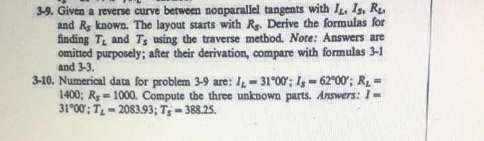 Solved 3-9. Given a reverse curve between nonparallel | Chegg.com