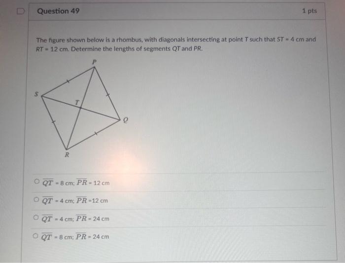 Solved The figure shown below is a rhombus, with diagonals | Chegg.com