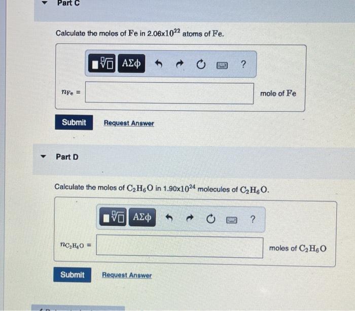Solved Part C Calculate the moles of Fe in 2.08x1022 atoms | Chegg.com