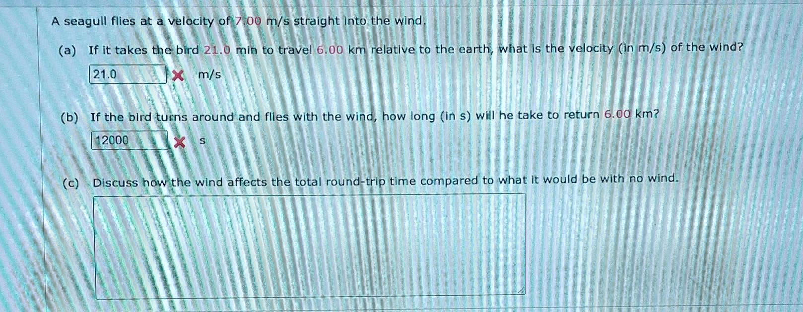 Solved A seagull flies at a velocity of 7.00 m/s straight | Chegg.com