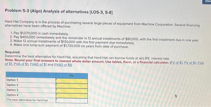 Solved Problem 5-3 (Algo) Analysis of alternatives [LO5-3, | Chegg.com