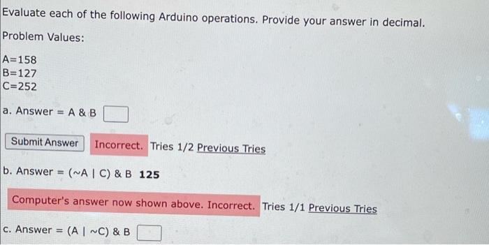Solved Evaluate each of the following Arduino operations. | Chegg.com
