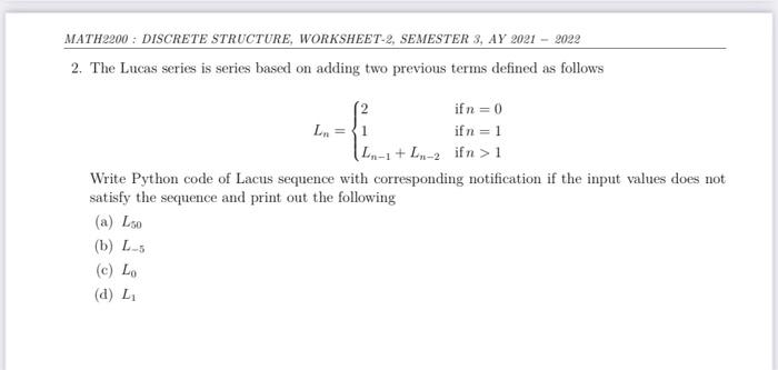 Solved MATH2200 DISCRETE STRUCTURE, WORKSHEET-2, SEMESTER 3, | Chegg.com