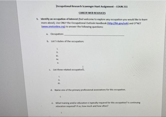Occupational Research Scavenger Hunt Assignment -COUN | Chegg.com