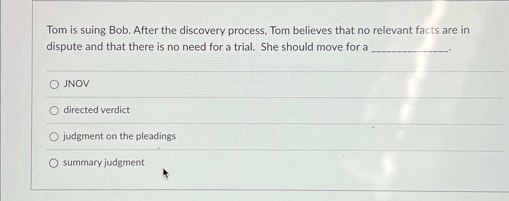 Solved Tom is suing Bob. After the discovery process, Tom | Chegg.com