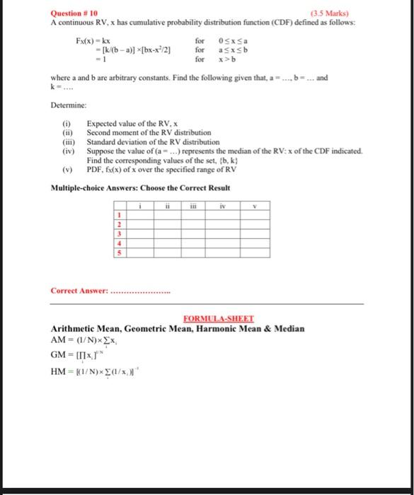Question \# 10 (3.5 Marks) A continuous RV, x has | Chegg.com