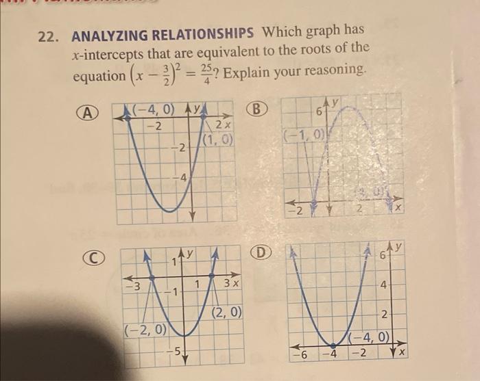 Solved ANALYZING RELATIONSHIPS Which graph has x-intercepts | Chegg.com