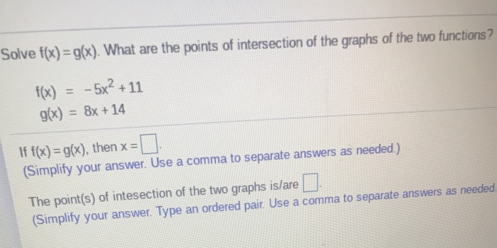 Solved Solve f(x) = g(x). What are the points of | Chegg.com