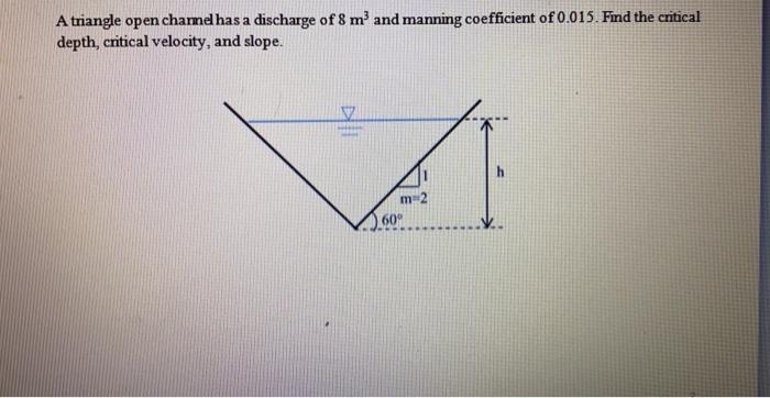 Solved A triangle open channel has a discharge of 8 m' and | Chegg.com