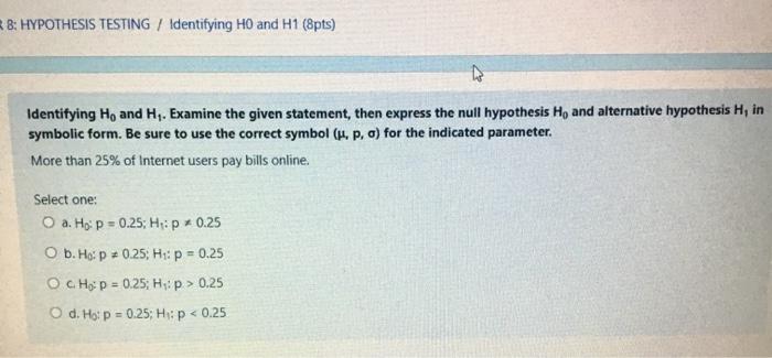 Solved 8: HYPOTHESIS TESTING / Identifying Ho and H1 (8pts) | Chegg.com