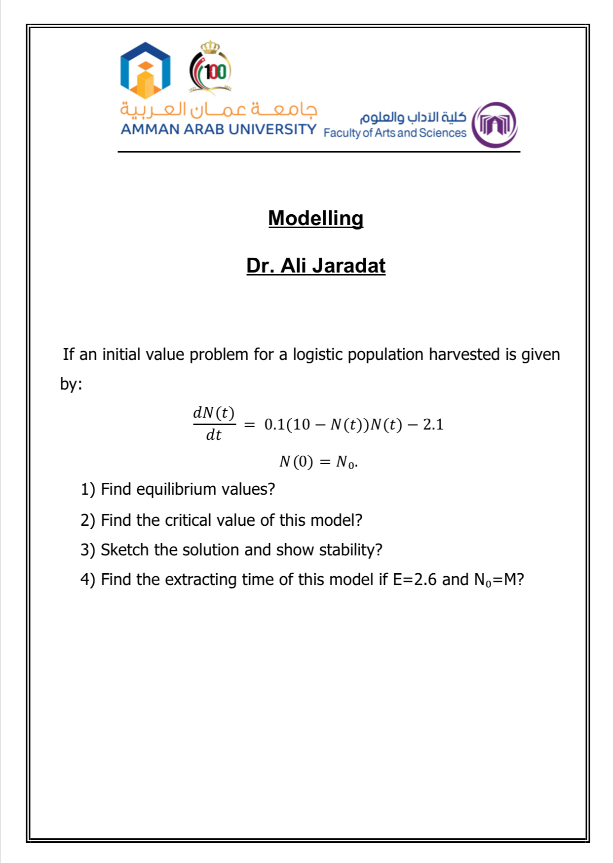Solved ModellingDr. ﻿Ali JaradatIf an initial value problem | Chegg.com