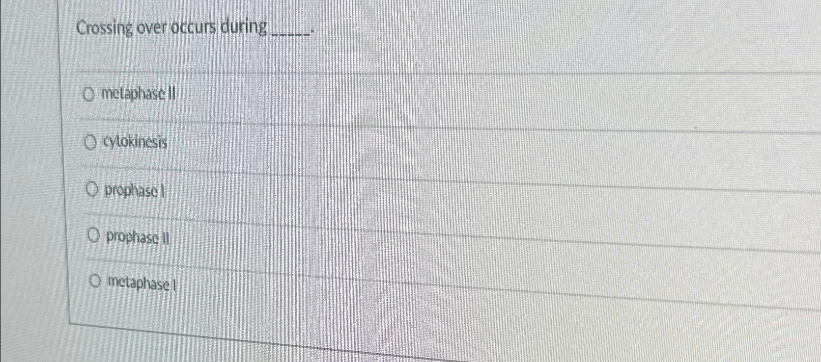 Solved Crossing over occurs duringmetaphase | Chegg.com