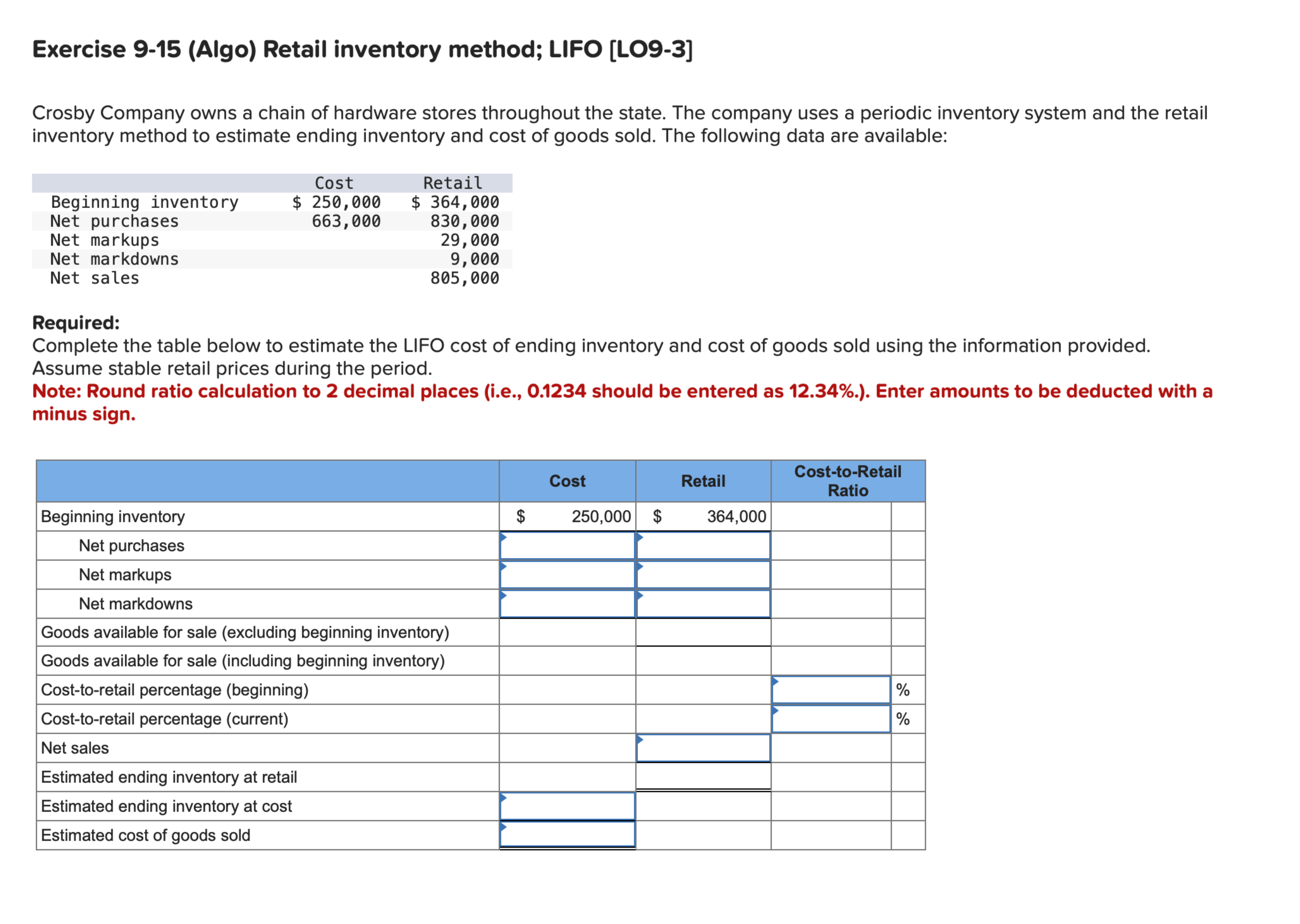 Exercise 9-15 (Algo) ﻿Retail inventory method; LIFO | Chegg.com