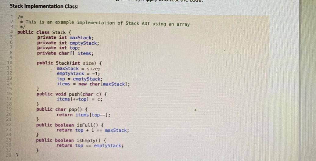 Solved Stack Implementation Class: 1 /* * This is an example | Chegg.com
