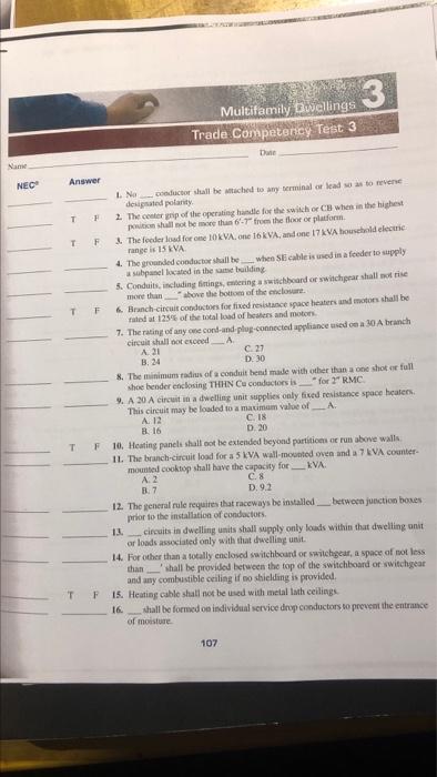 Multifamily Dwellings Trade Competency Test 3 Du Na | Chegg.com