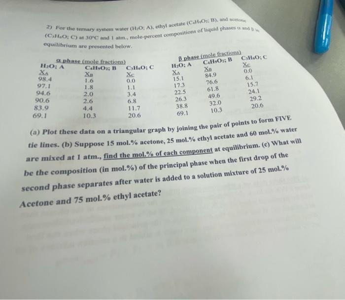 2) For the temary syntem water (H2O:A), ethyl acetate | Chegg.com