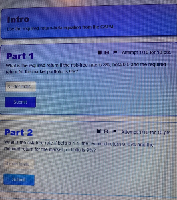 Solved Intro Use the required retum-beta equation from the | Chegg.com