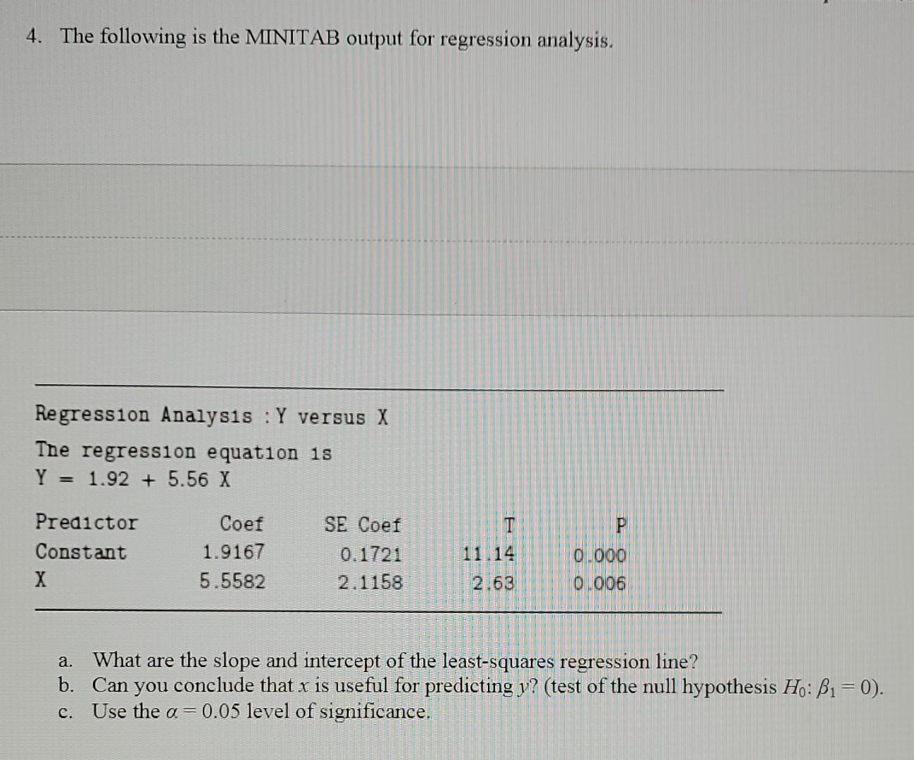 Solved 4. The following is the MINITAB output for regression | Chegg.com