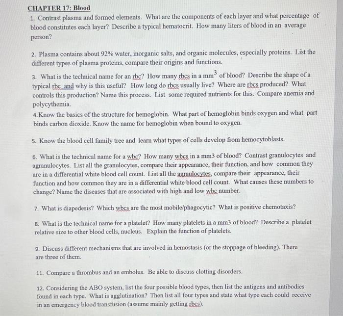 Solved CHAPTER 17: Blood 1. Contrast plasma and formed | Chegg.com