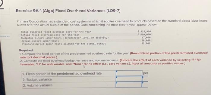 Solved Exercise 9A-1 (Algo) Fixed Overhead Variances [LO9-7] | Chegg.com