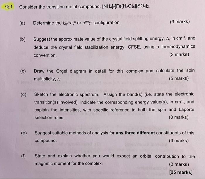 Solved Q.1 Consider the transition metal compound, | Chegg.com