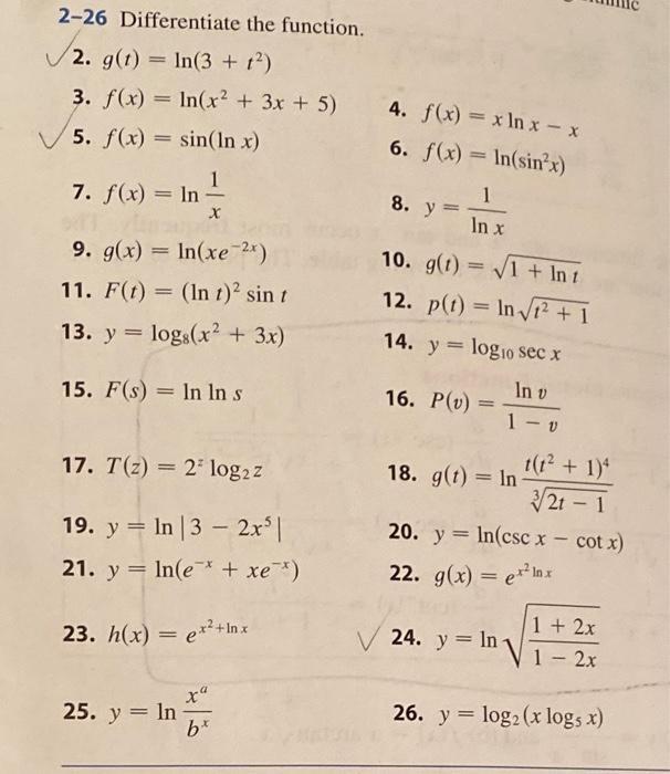 Solved 2-26 Differentiate the function. 2. g(t)=ln(3+t2) 3. | Chegg.com
