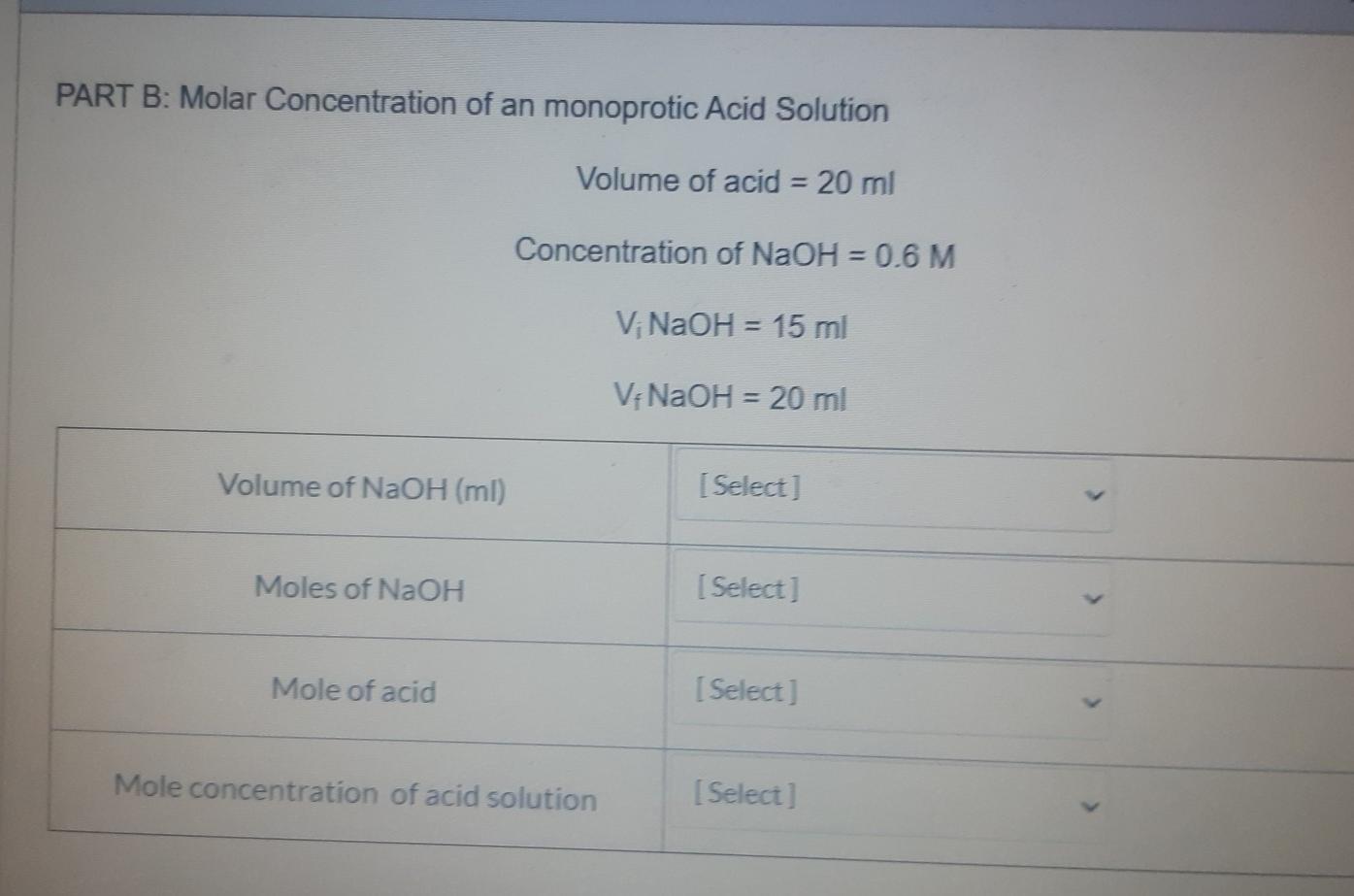 Solved PART B: Molar Concentration of an monoprotic Acid | Chegg.com