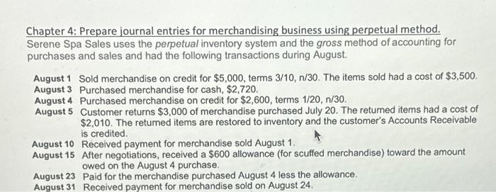 Solved Chapter 4: Prepare journal entries for merchandising | Chegg.com
