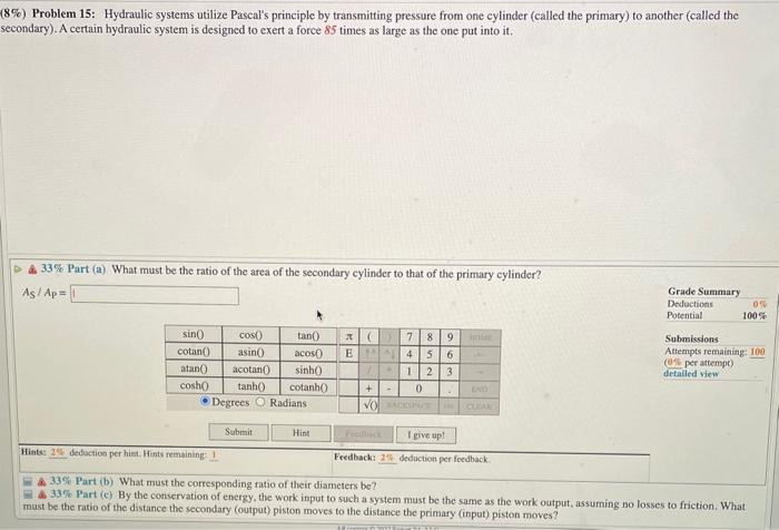 Solved 3\%) Problem 15: Hydraulic systems utilize Pascal's | Chegg.com