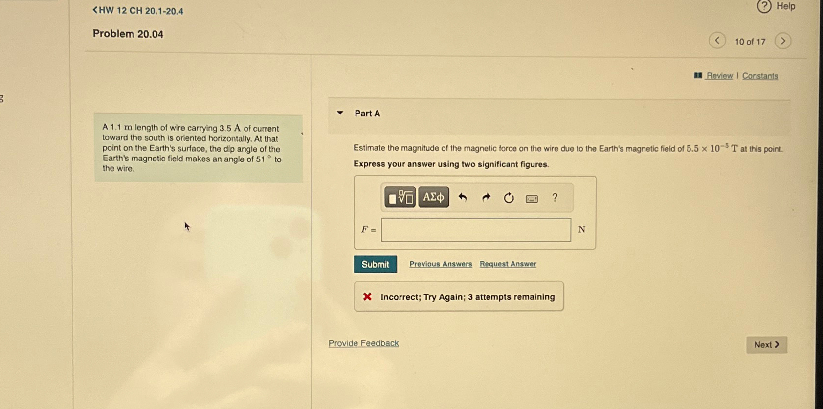 Solved 3.5A51°5.5×10-5T1.1m ﻿length of ﻿wire carrying | Chegg.com