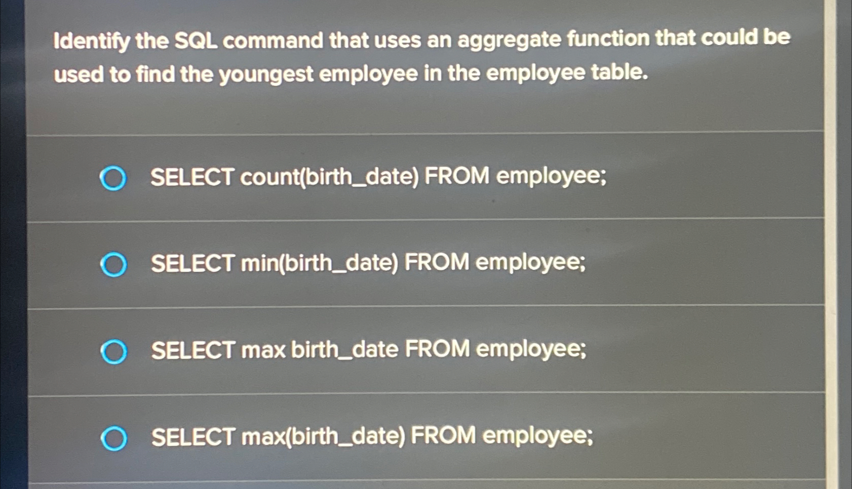 Solved Identify the SQL command that uses an aggregate | Chegg.com
