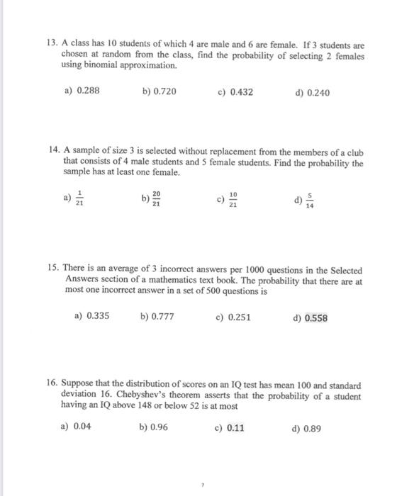 Solved 13. A class has 10 students of which 4 are male and 6 | Chegg.com