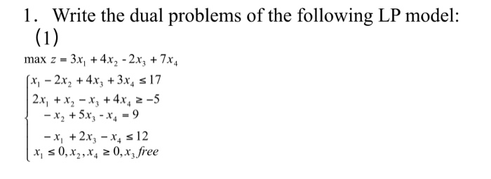 Solved 1. Write the dual problems of the following LP model: | Chegg.com