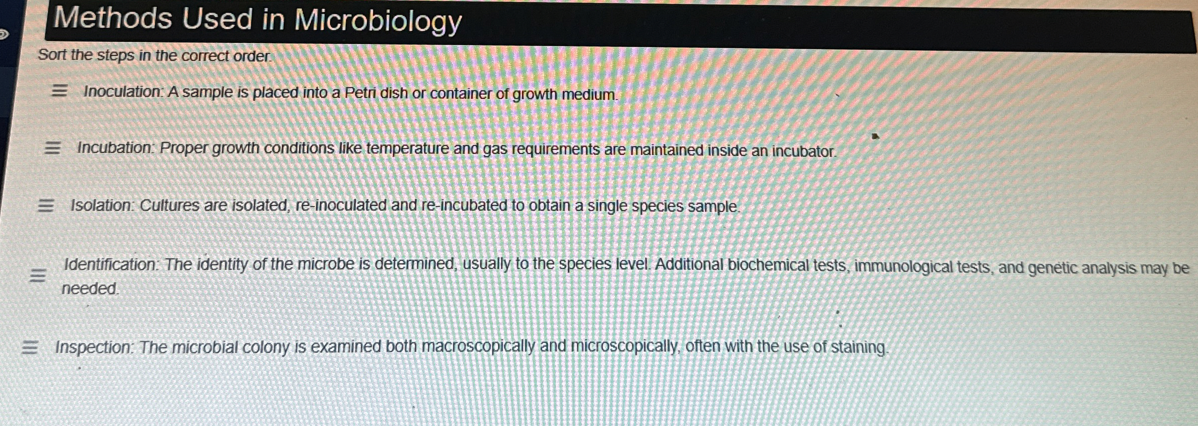 Solved Methods Used in MicrobiologySort the steps in the | Chegg.com