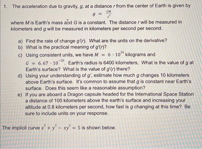 Solved The acceleration due to gravity, g, at a distance r | Chegg.com