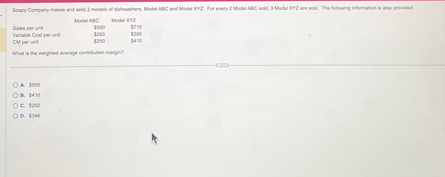 Solved \table[[,Model ABC,Model XYZ],[Sales per | Chegg.com